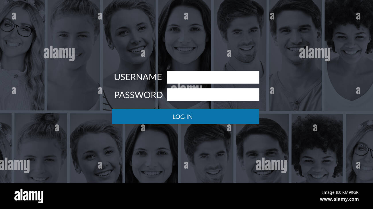 Login page against people collage portrait 7 wide Stock Photo - Alamy