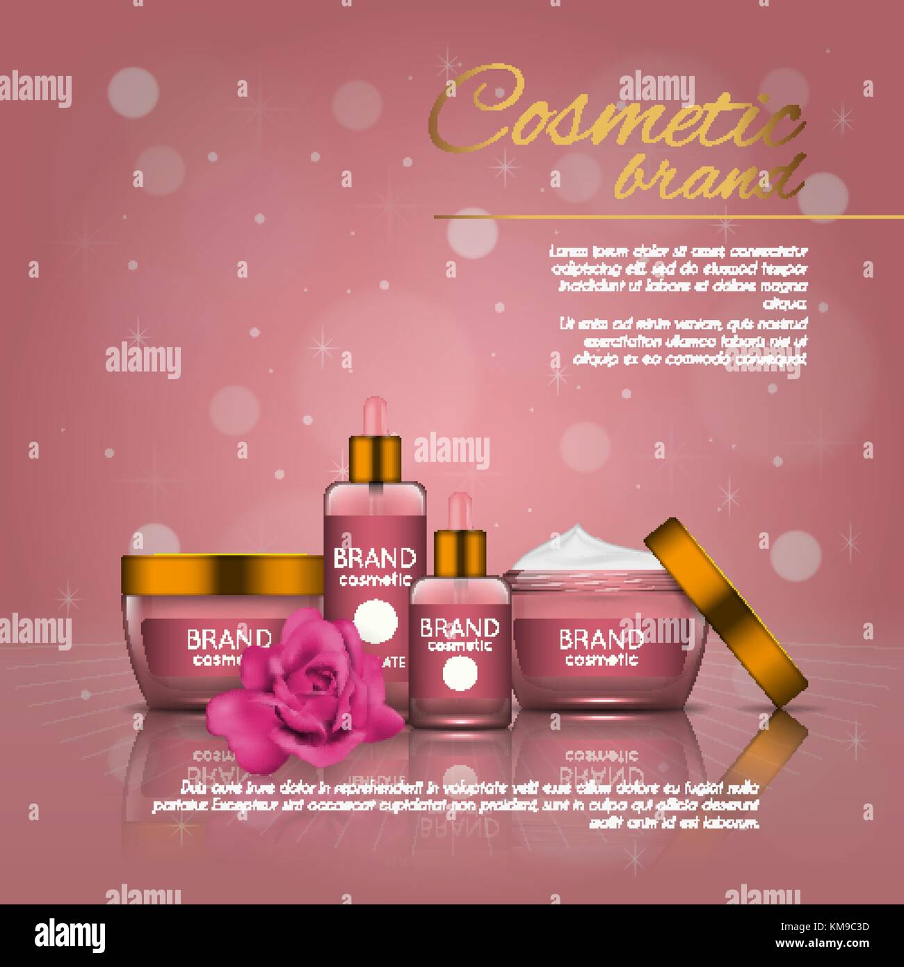 Vector 3D cosmetic illustration with rose and bokeh background. Beauty ...