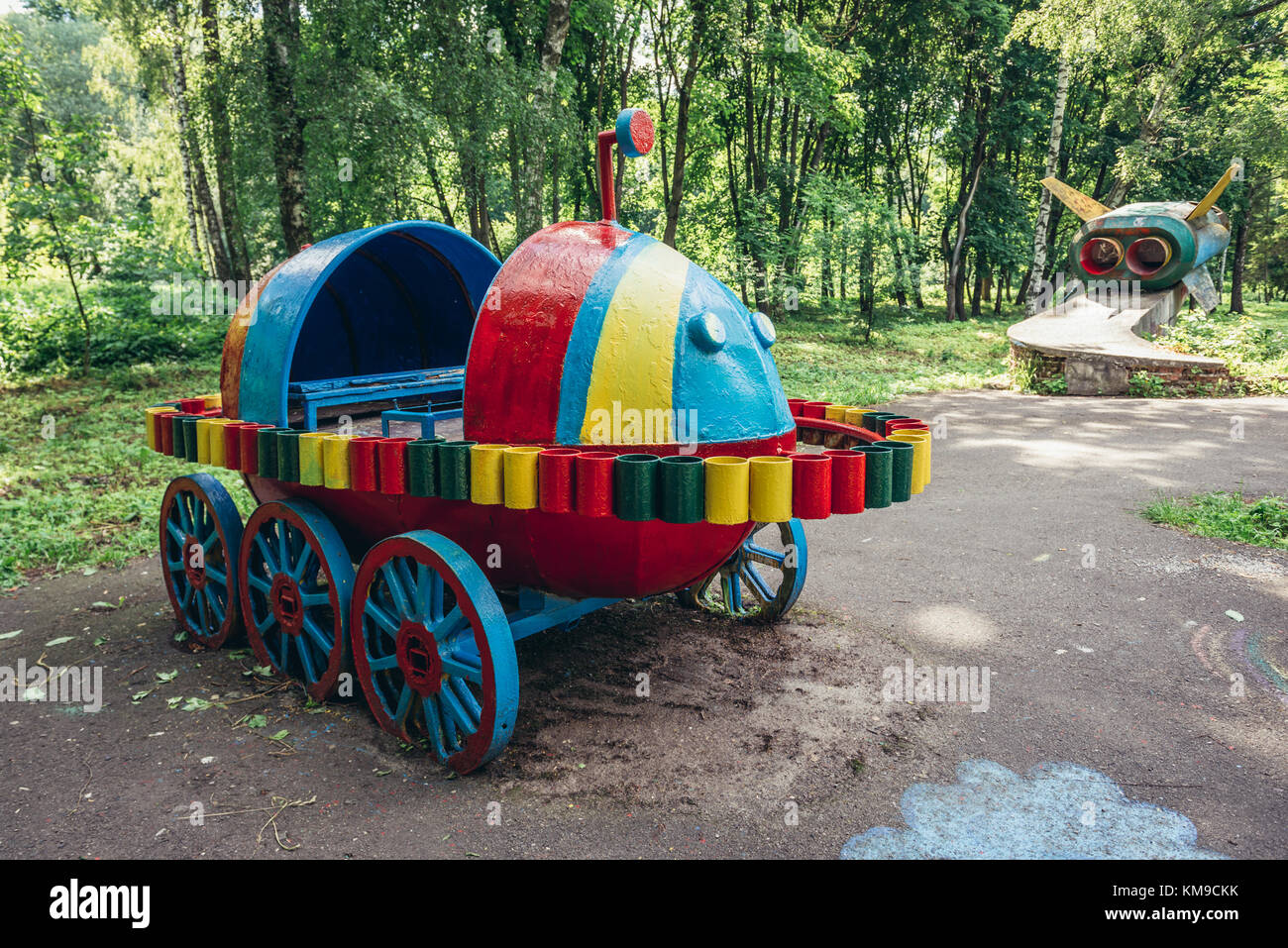 Old Soviet era playground equipment in Topilche Hydropark in Ternopil ...