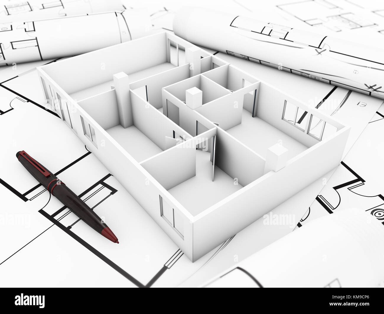 architecture concept: render of an empty flat structure over plots and ...