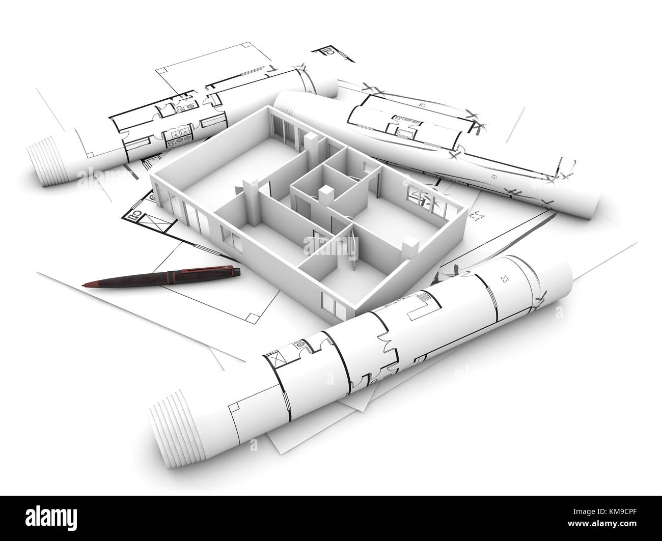 flat project: scale model of apartament render over plots isolated on ...