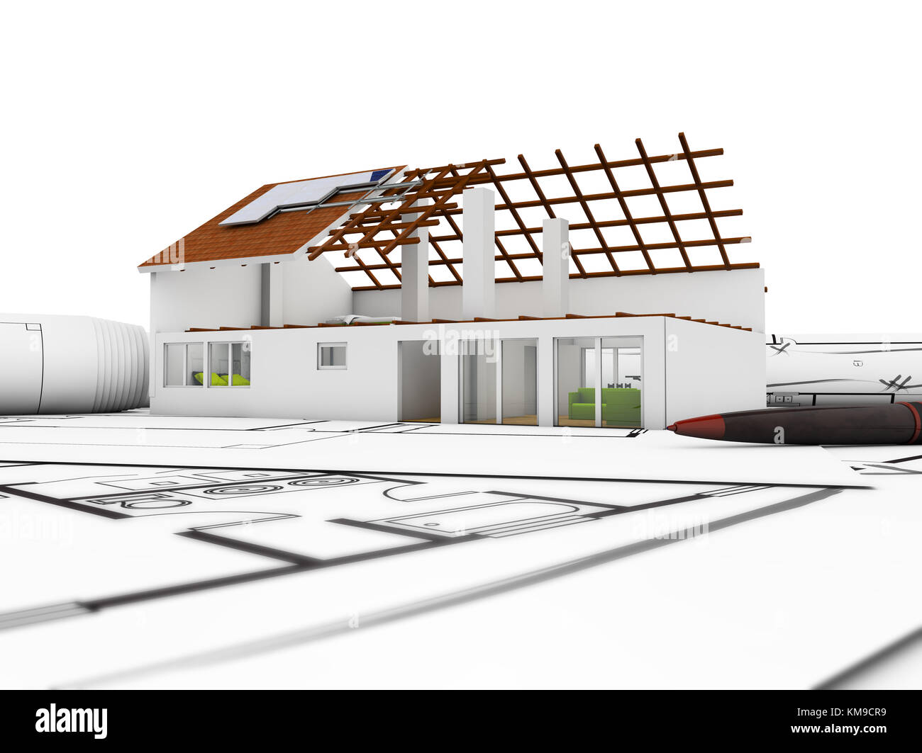 3d render of an architecture model over plots and techncal draws Stock ...