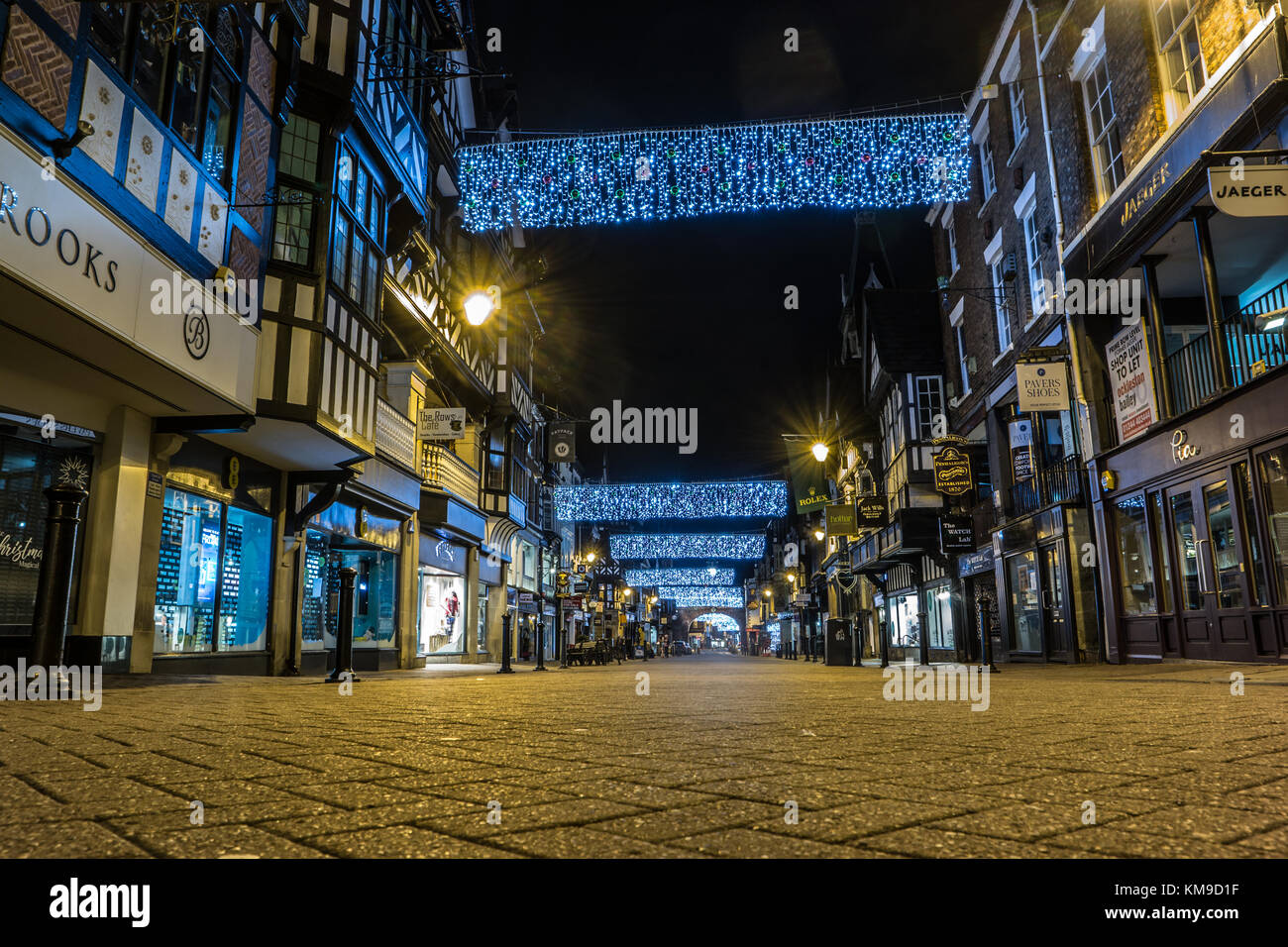 Chester town centre at night with Christmas lights Stock Photo - Alamy