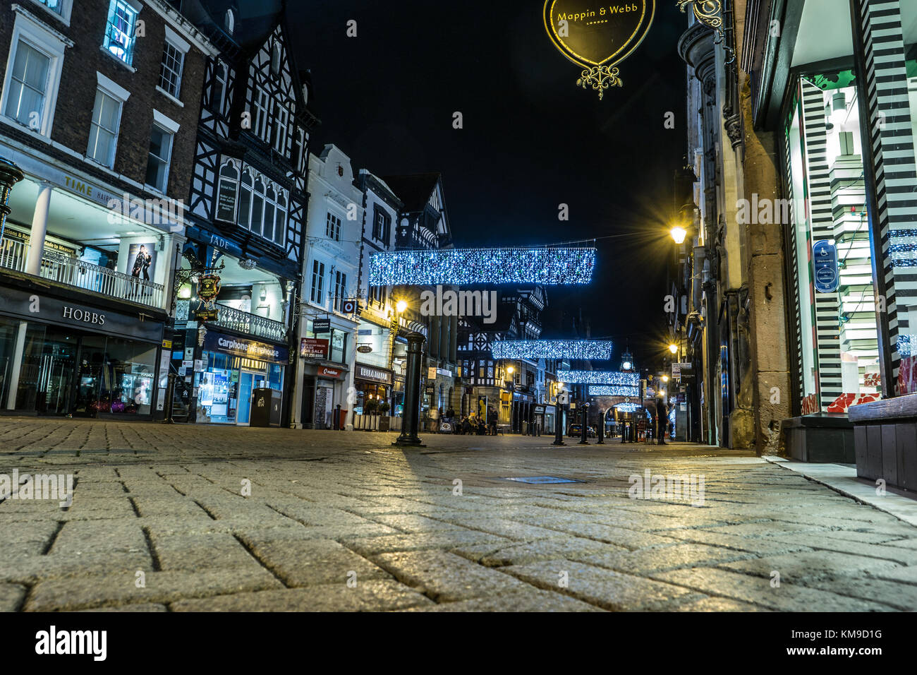 Chester town centre at night with Christmas lights Stock Photo - Alamy