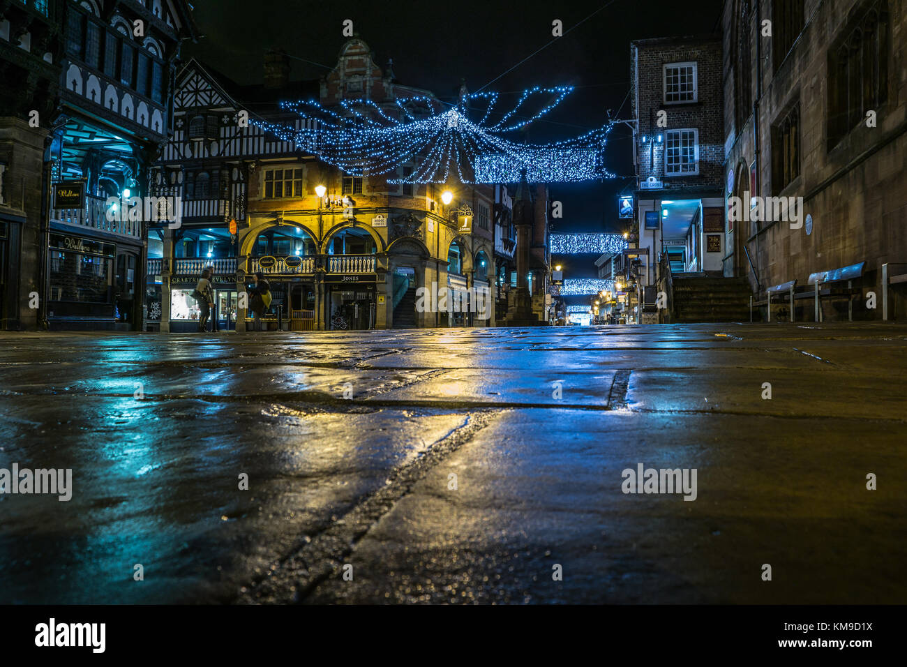 Chester town centre at night with Christmas lights Stock Photo - Alamy