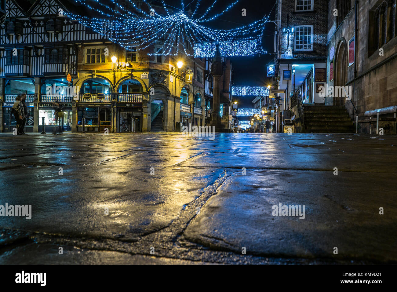 Chester town centre at night with Christmas lights Stock Photo - Alamy