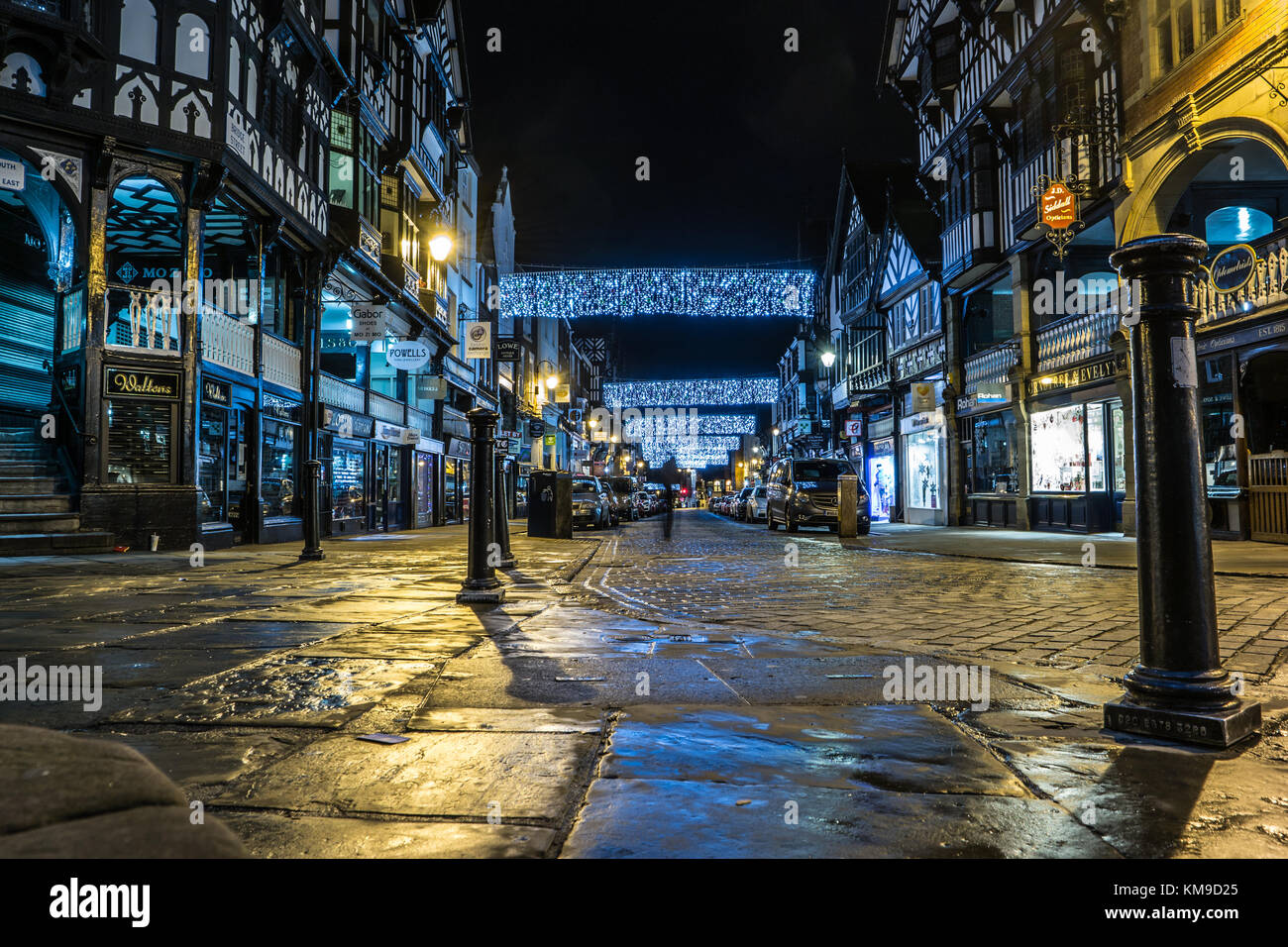 Chester town centre at night with Christmas lights Stock Photo - Alamy