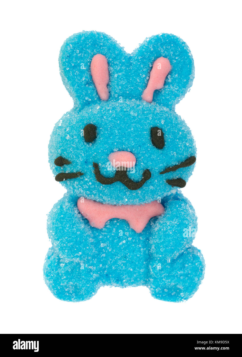 A blue marshmallow candy Easter bunny with black whiskers isolated on a ...