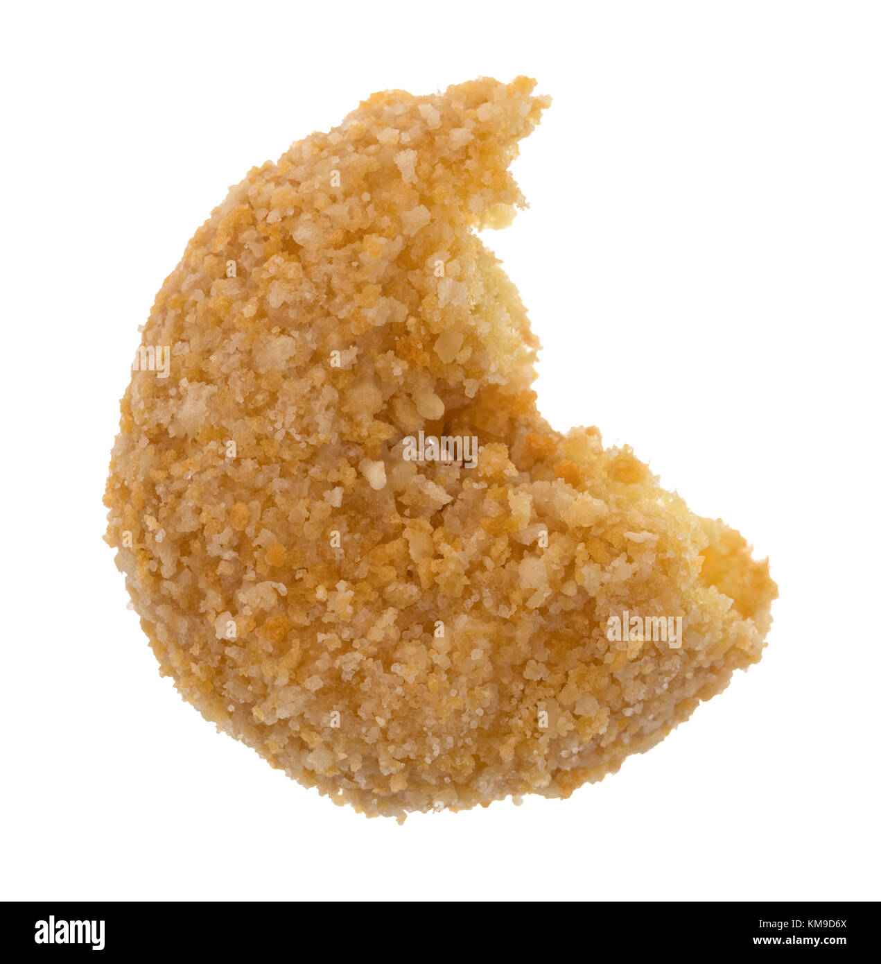 A small bite size caramel flake donut that has been bitten isolated on ...