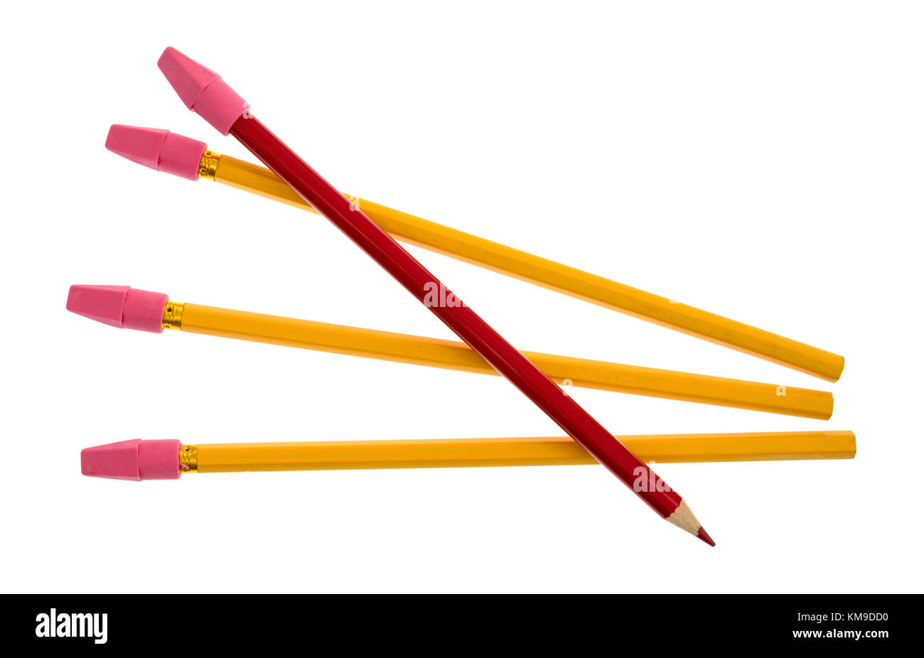 Top view of a yellow and a single red artist pencil with eraser caps ...