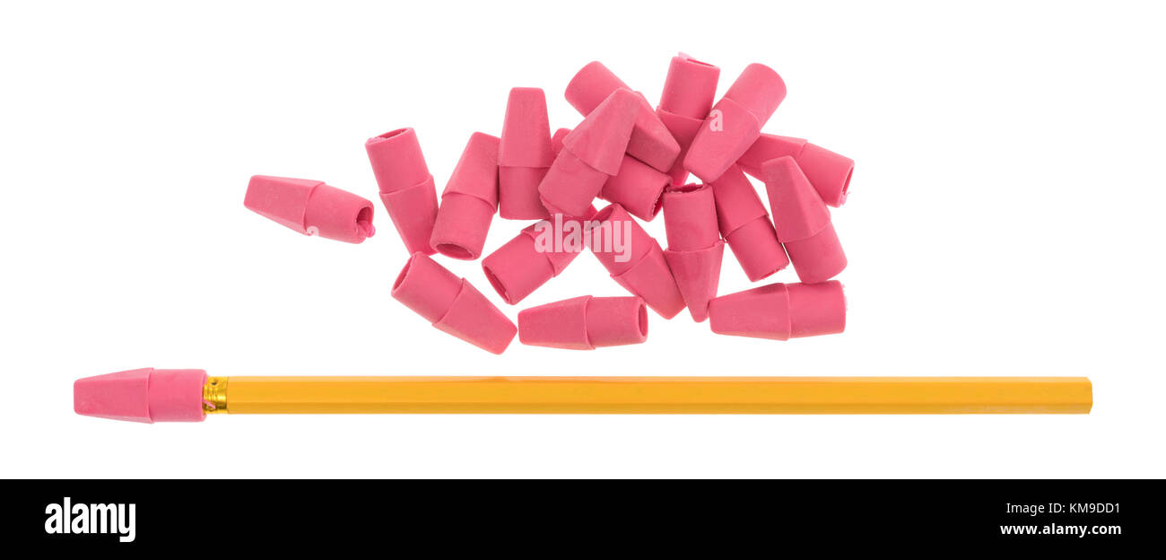 Top view of a group of synthetic rubber erasers with a yellow pencil to ...