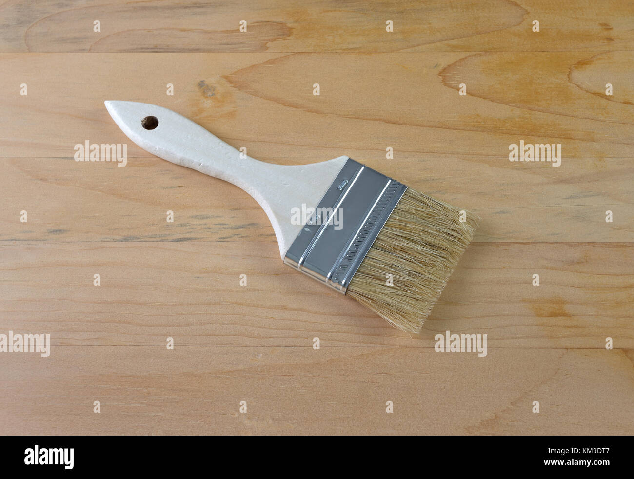 A generic bristle paintbrush atop old pine boards that are stained and ...