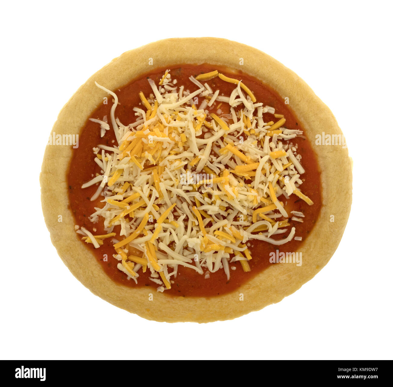 Top view of a pizza crust with tomato sauce and a blend of cheeses ...
