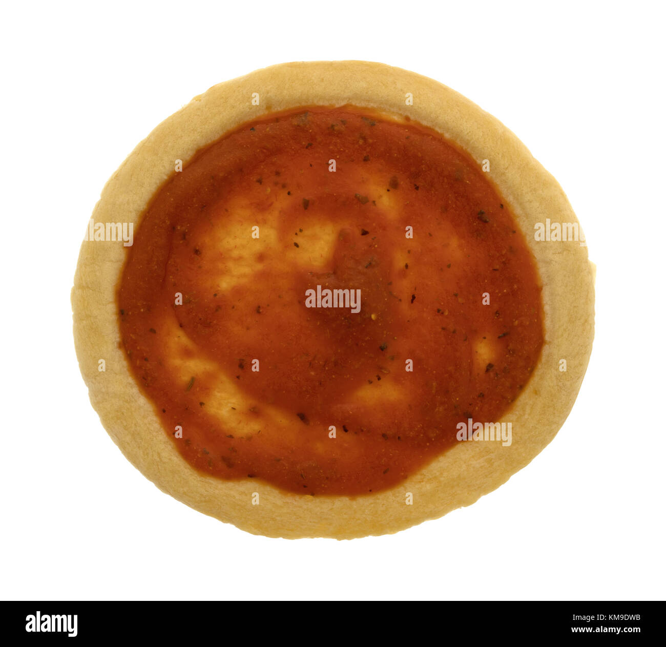 Top view of a pizza crust with tomato sauce isolated on a white ...