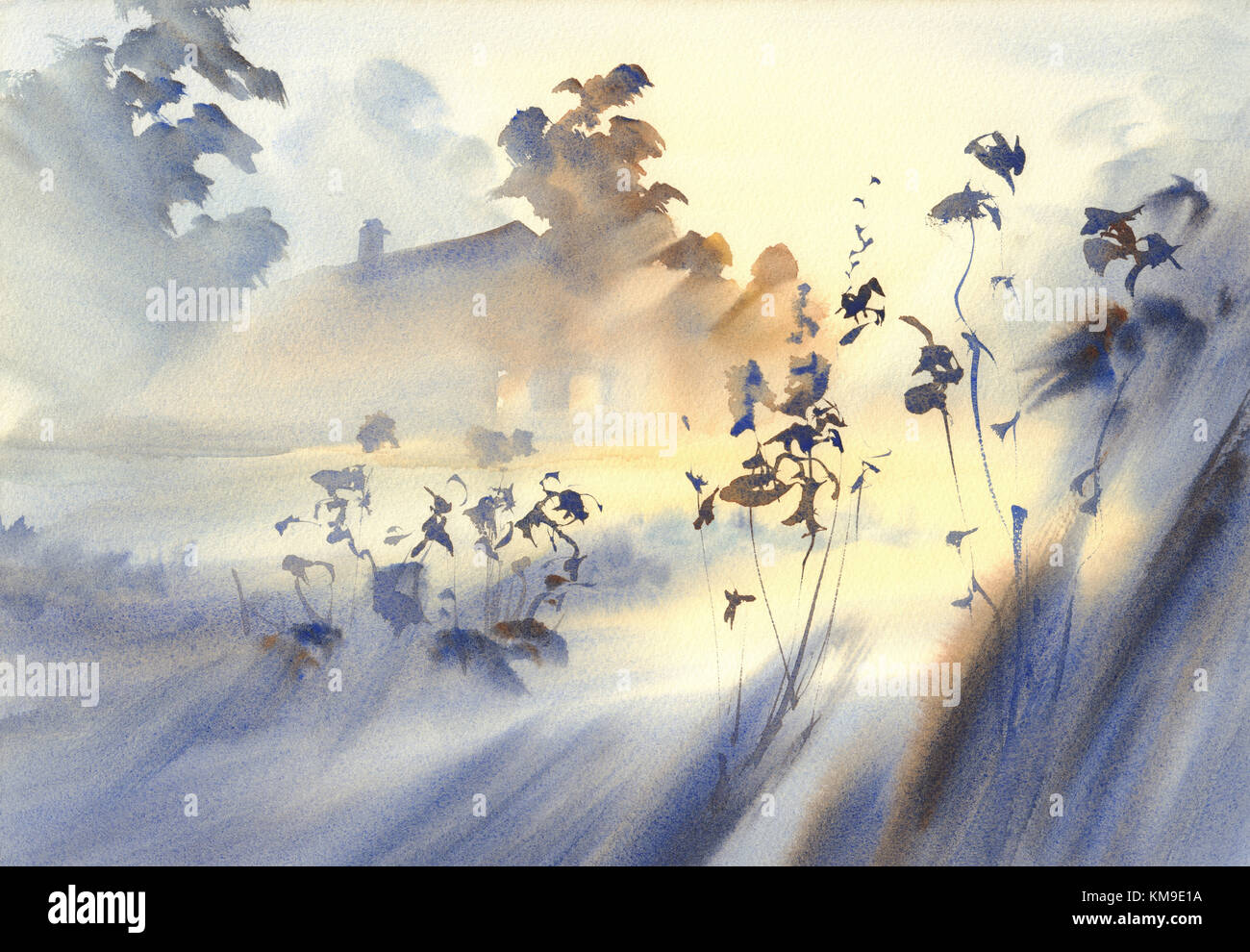 countryside watercolor landscape Stock Photo - Alamy