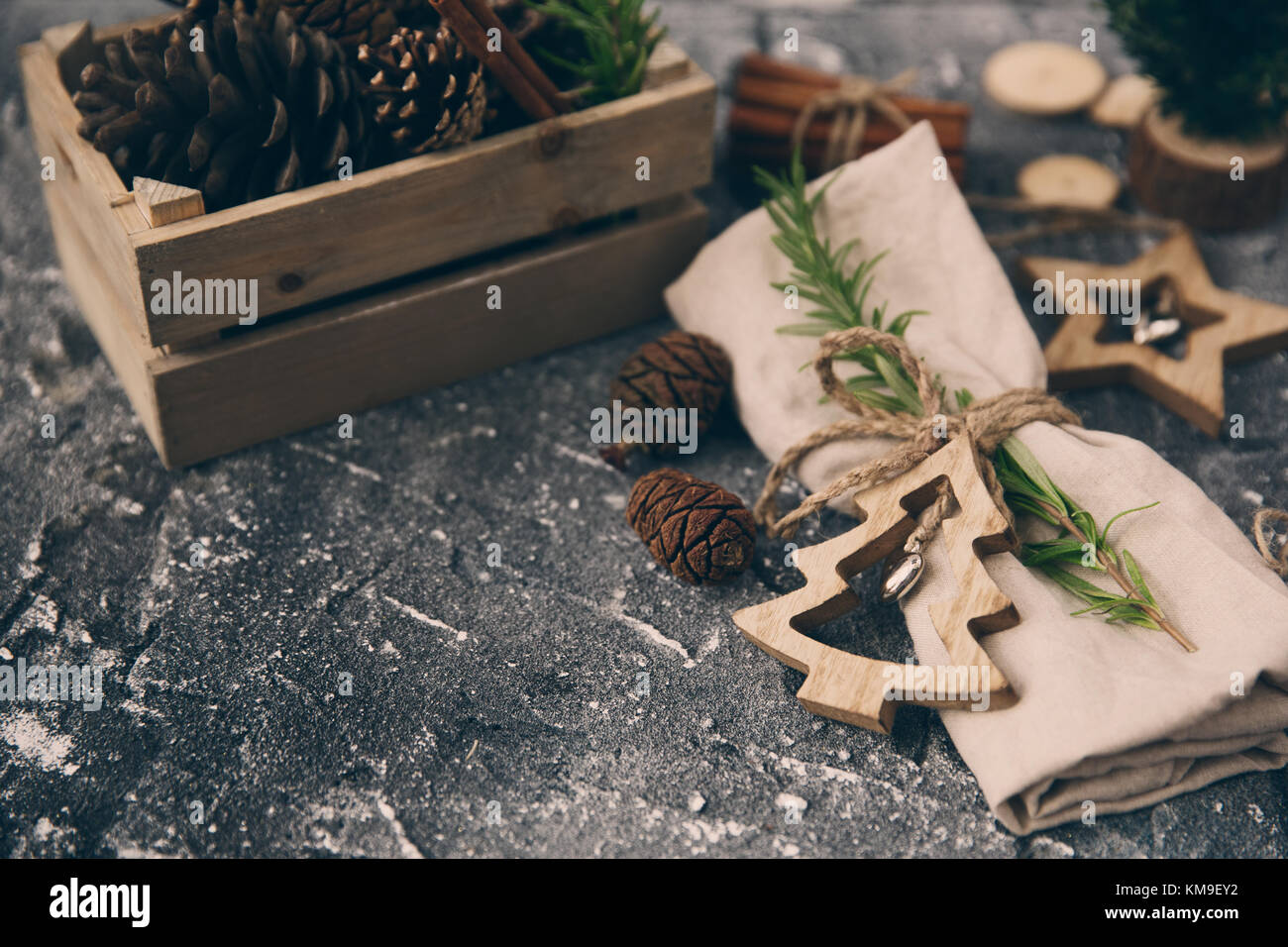 Rustic Christmas table setting Stock Photo - Alamy