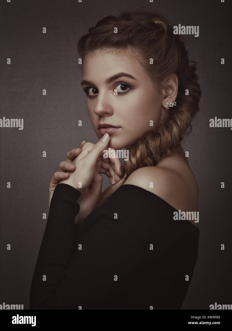 Beauty blonde, sepia toned studio female portrait Stock Photo - Alamy