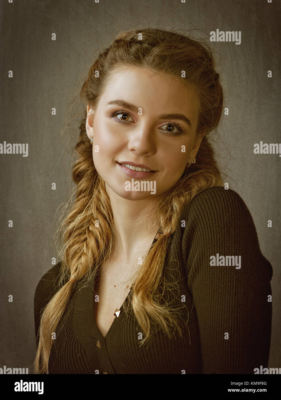 Beauty blonde, sepia toned studio female portrait Stock Photo - Alamy