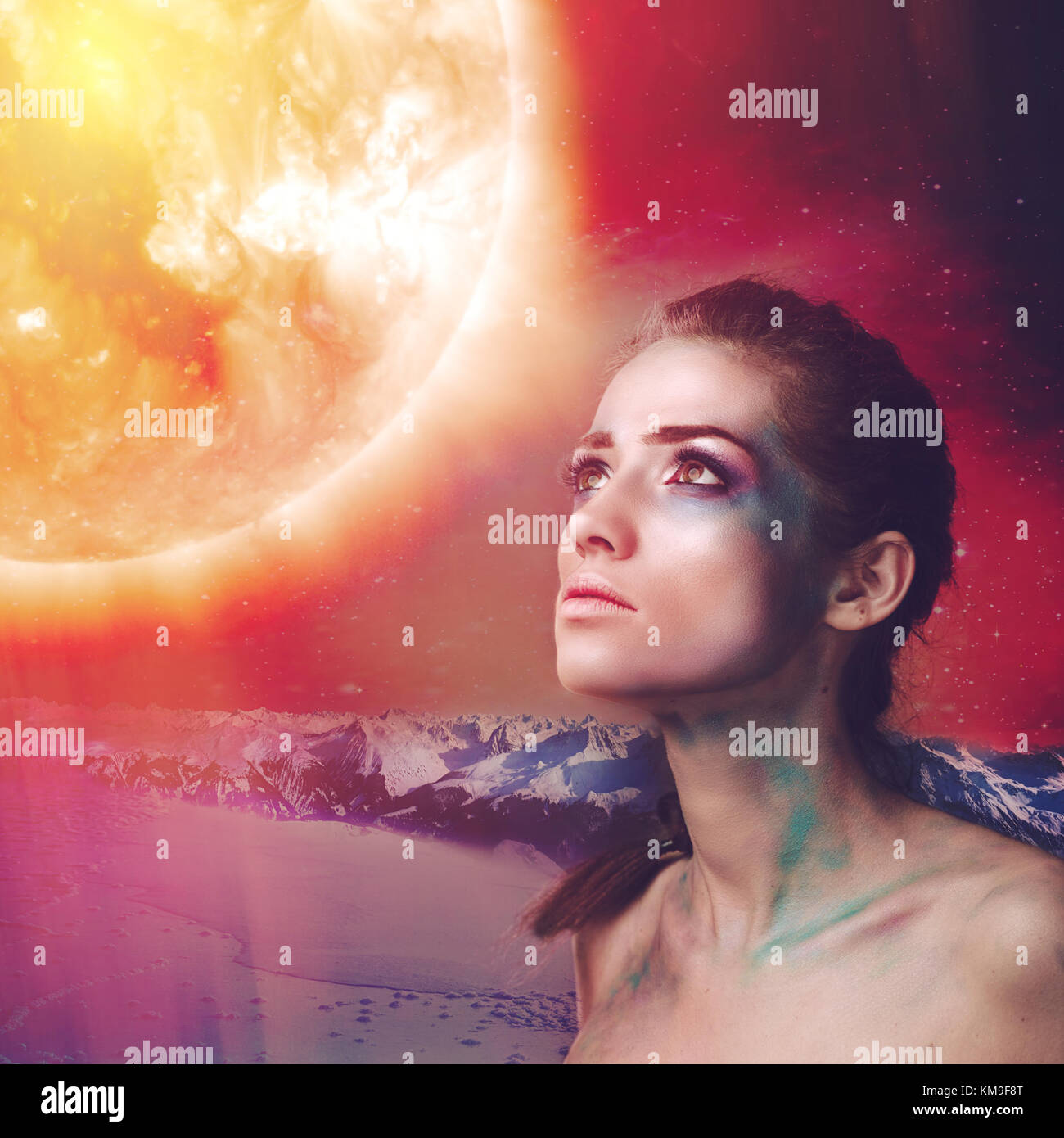 Supernova, science fiction female portrait, space disaster Stock Photo ...