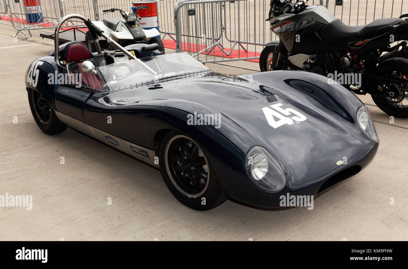 Three-quarter view of a 1960 Lola Mk1 in the International Paddock, at the 2017 Silverstone ...
