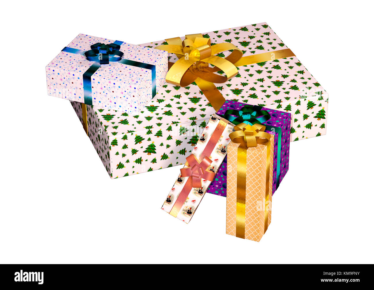 3D rendering of a Christmas present pile isolated on white background ...
