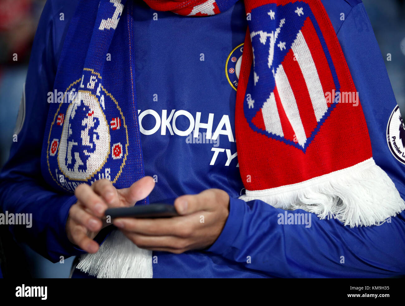 A Chelsea fan with a half-and-half scarf before the UEFA Champions ...
