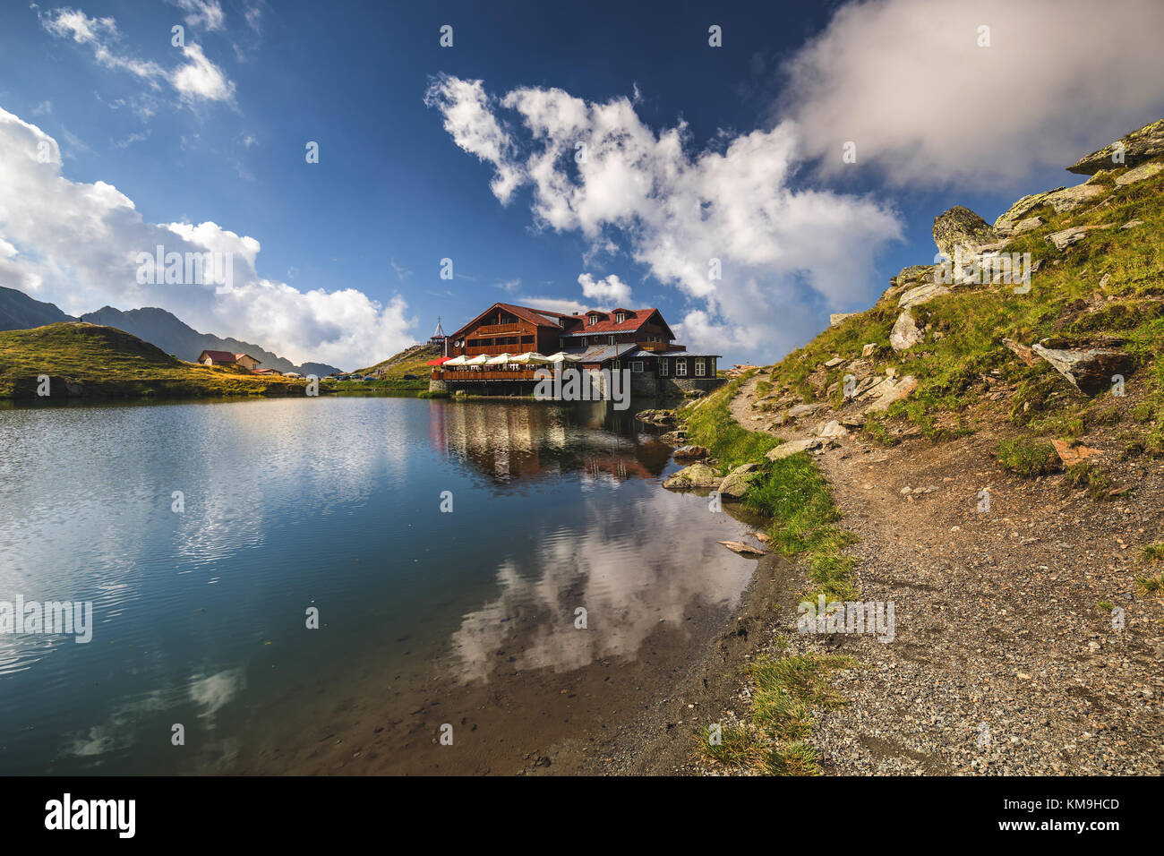 Balea glacier lake near the Transfagarasan road, panoramic view. Balea ...