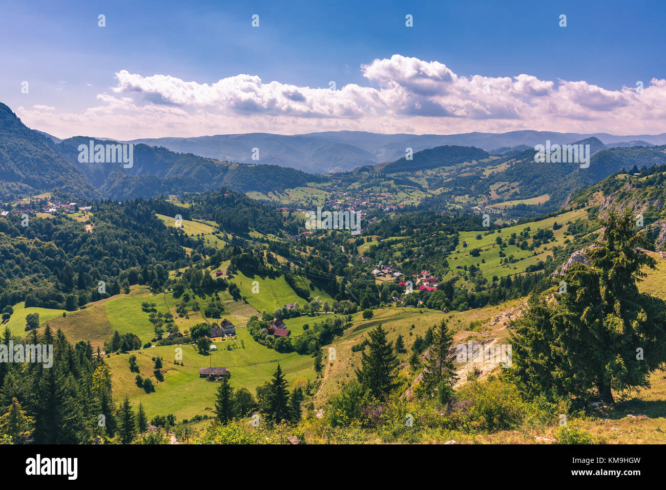 Summer alpine Transylvania landmark, landscape with green fields and ...