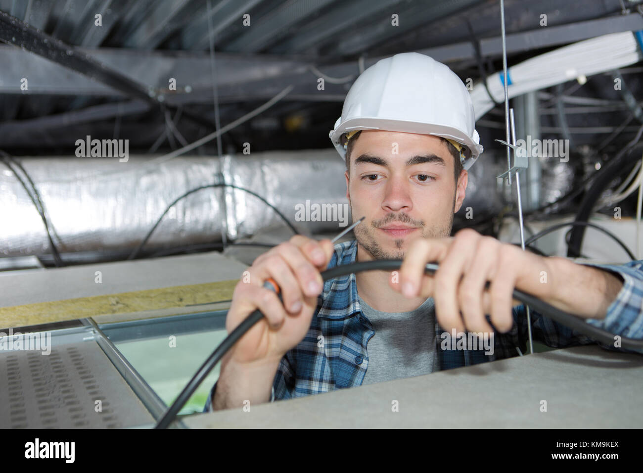 young handsome electrician wiring inside ceiling Stock Photo - Alamy