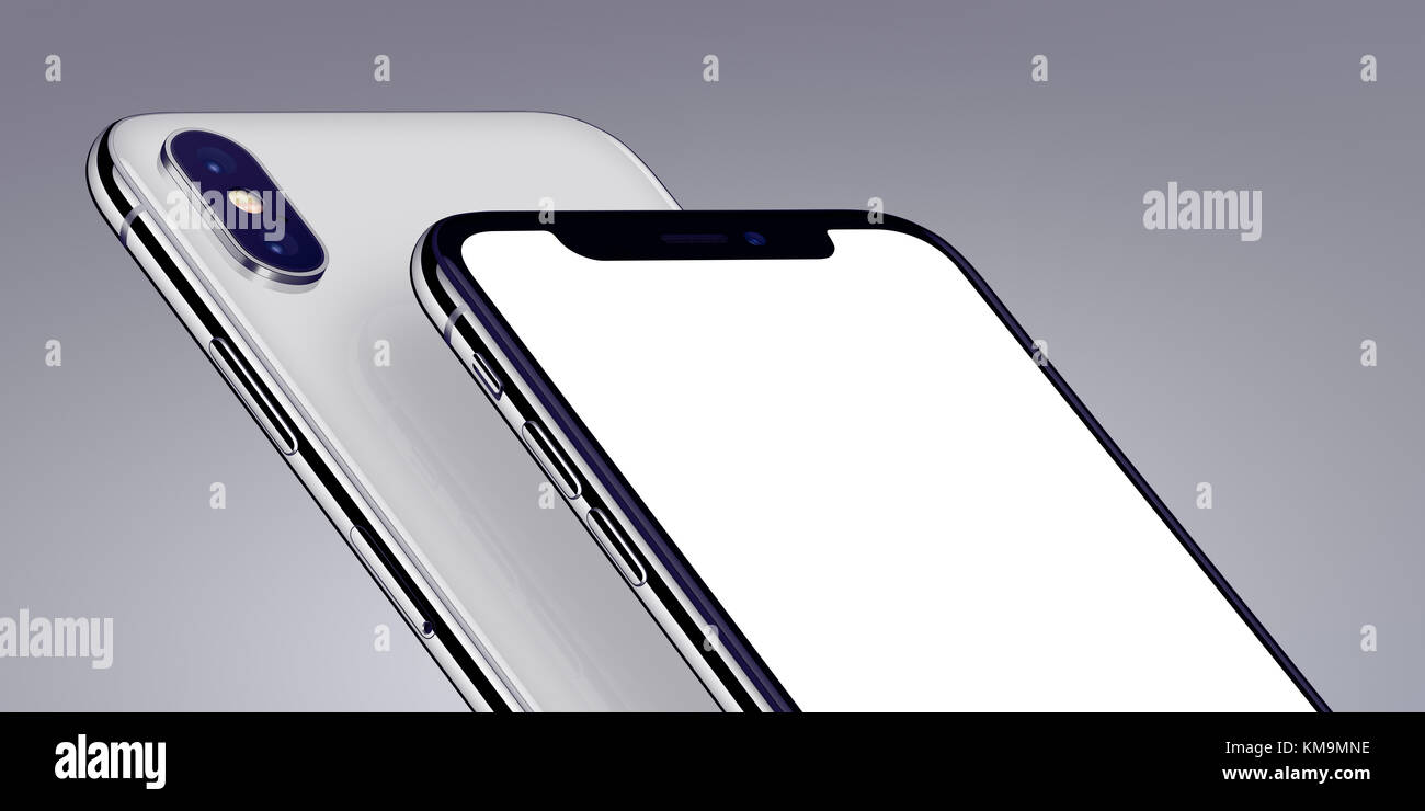 Smartphones similar to iPhone X mockup isometric close-up. New modern ...