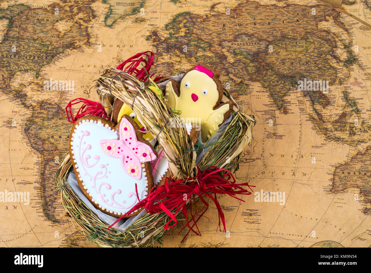 Easter holiday travel on different countries. Beautiful glazed cookies ...