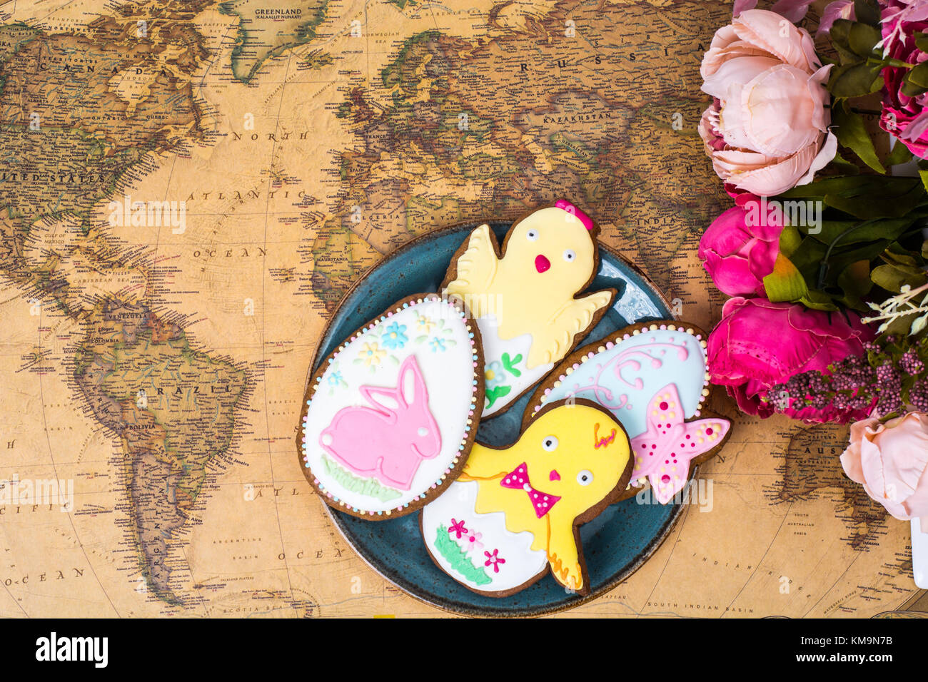 Easter holiday travel on different countries. Beautiful glazed cookies ...