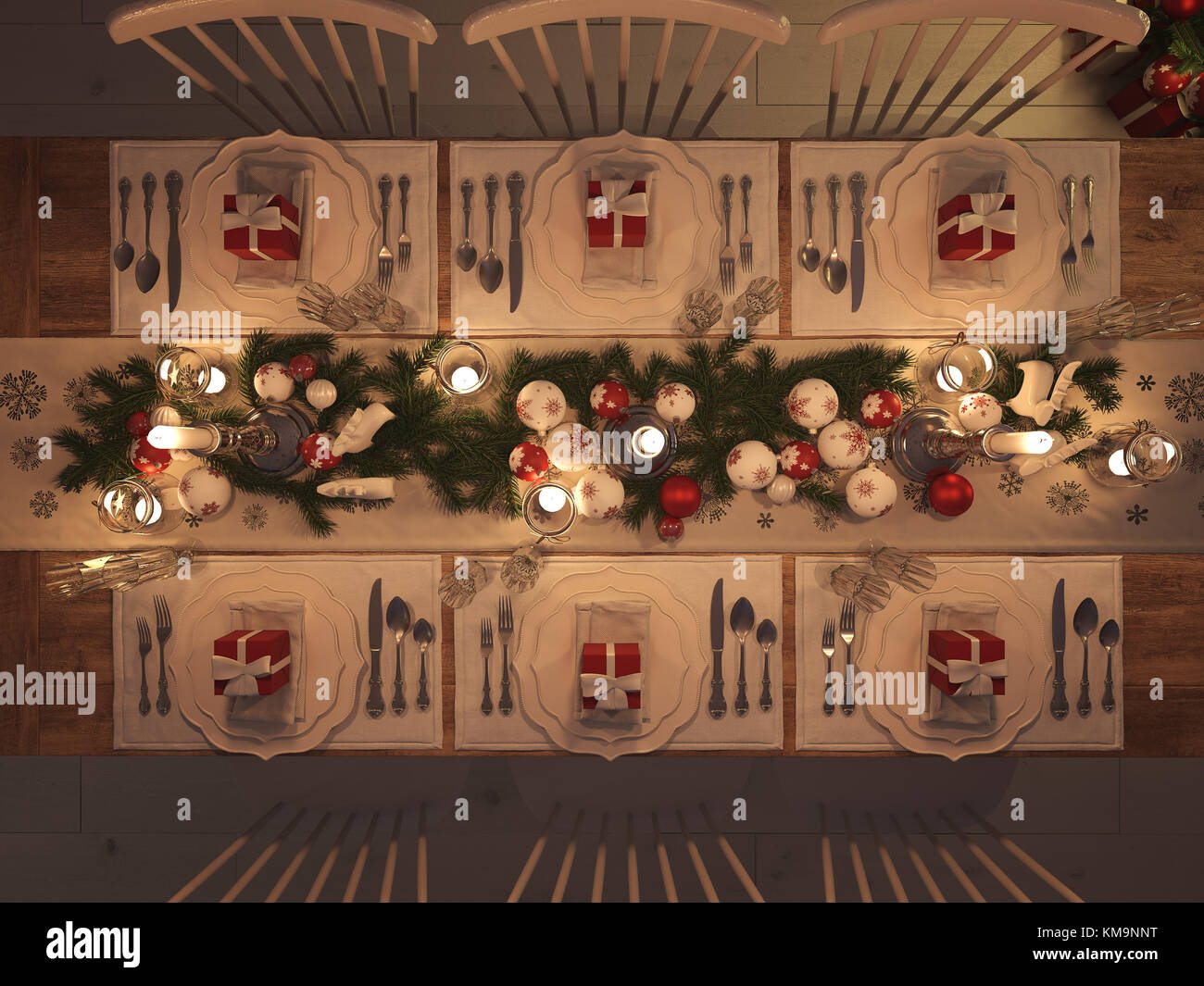 top view of a christmas decorated table by night. 3d rendering Stock ...