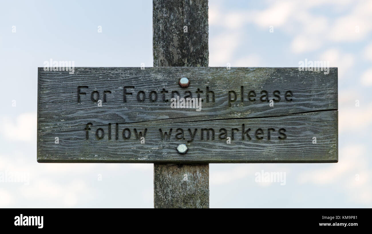 Sign: "For footpath please follow waymarkers", seen in the Yorkshire ...