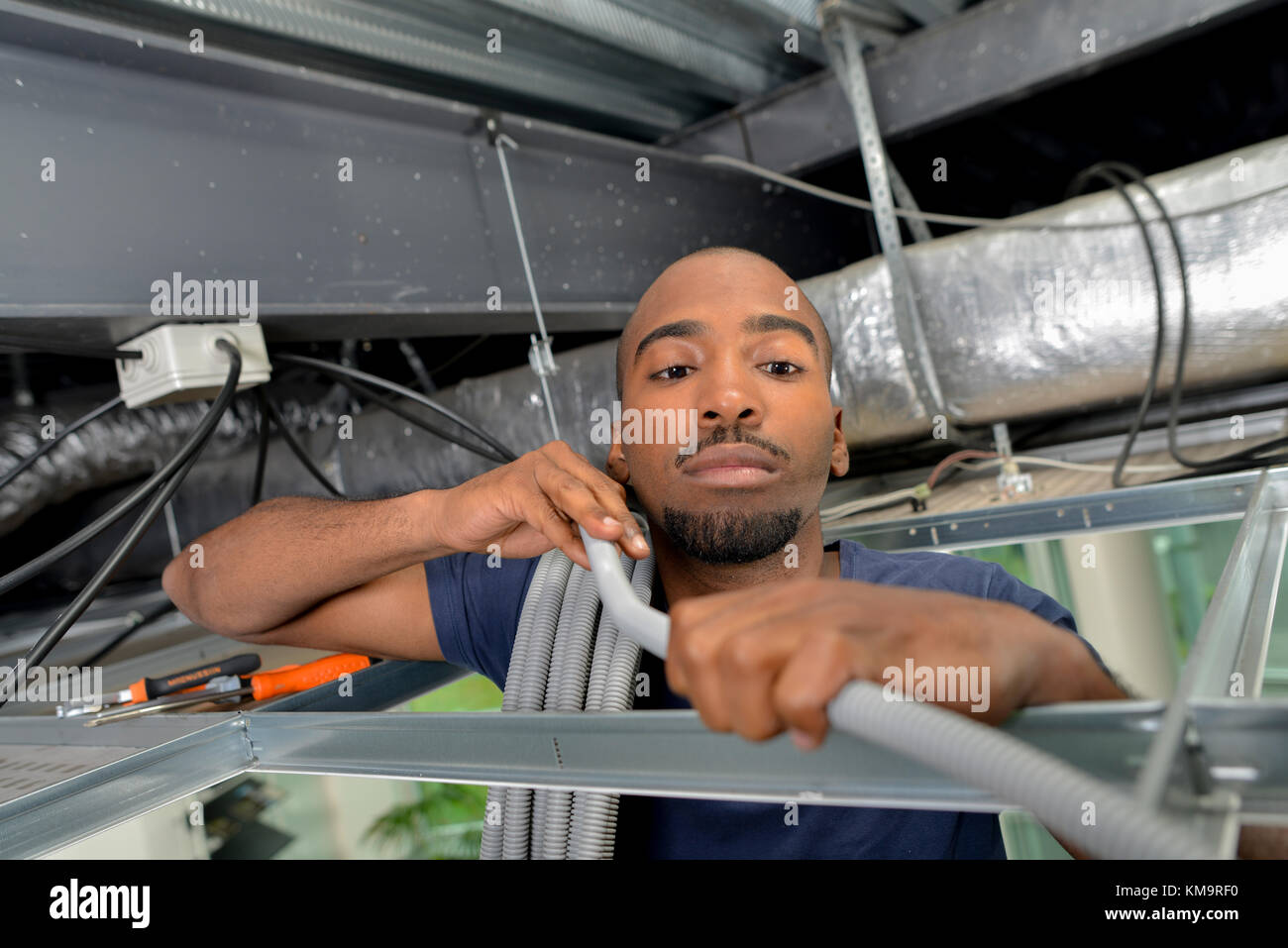 Man in roof space holding cables Stock Photo - Alamy