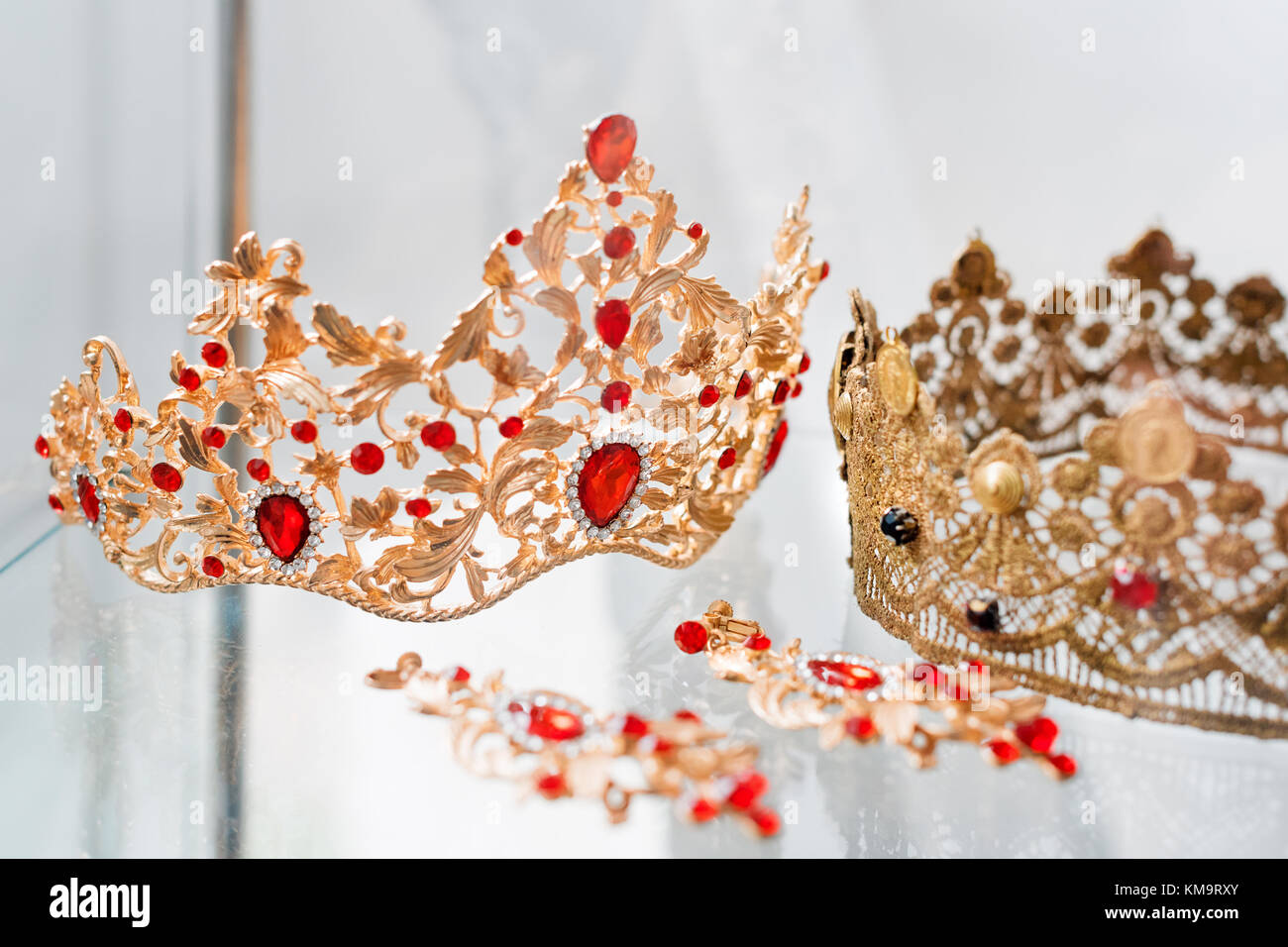 Royal luxury gold and silver crowns decorated with precious stones ...