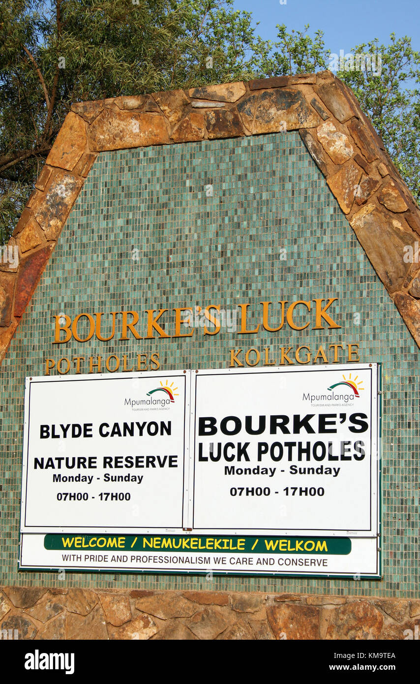 Mpumalanga, South Africa, sign at the entrance to Bourke's Luck ...