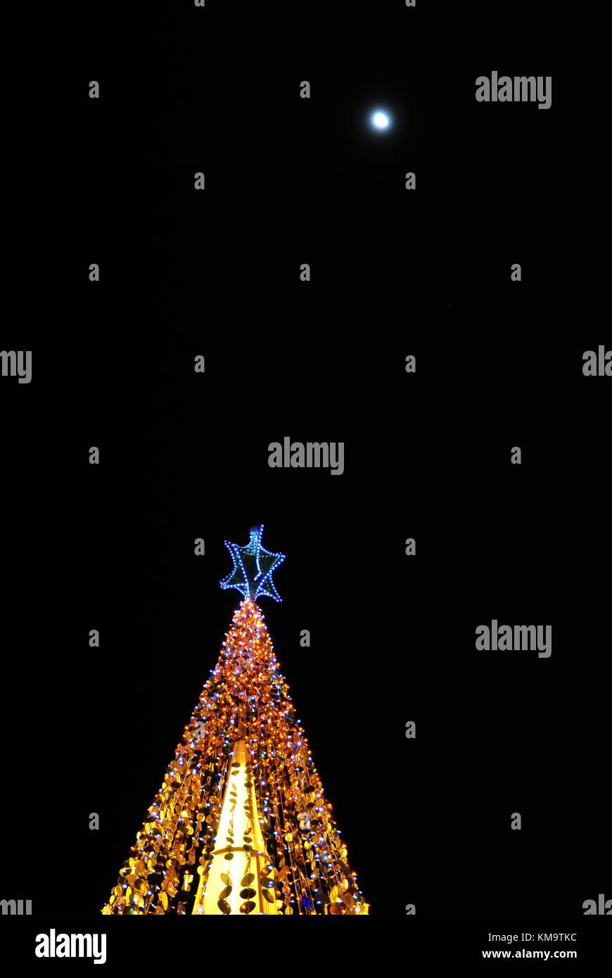 Lit christmas tree outdoors with moon hi-res stock photography and ...