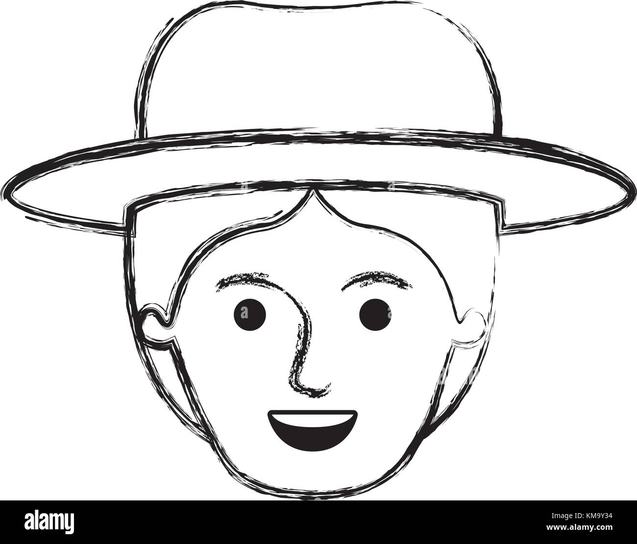 male face with hat and middle part hairstyle in monochrome blurred ...