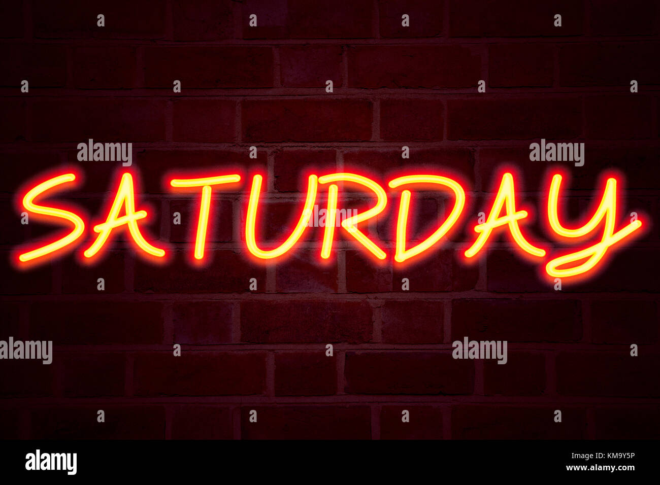 Saturday neon sign on brick wall background. Fluorescent Neon tube Sign ...