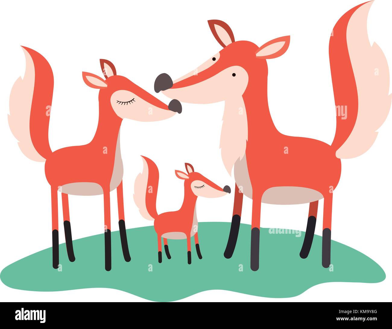 cartoon fox couple and cub over grass in colorful silhouette on white ...