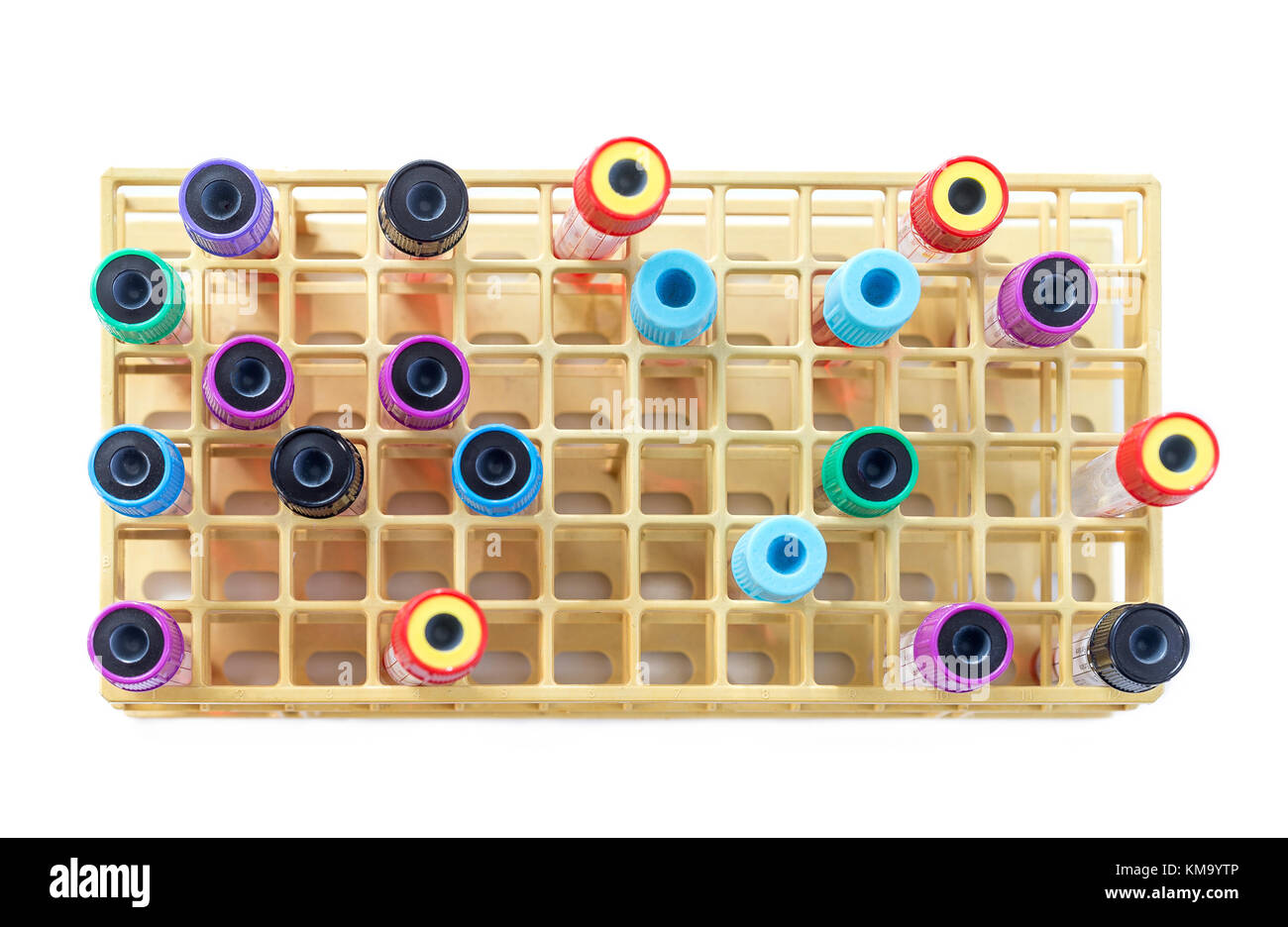 view from of a bic rack of blood sample test tubes on white background ...
