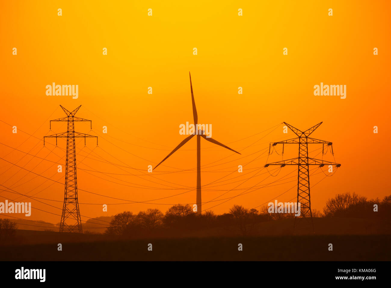 High-voltage electricity pylons / transmission towers and wind turbine ...