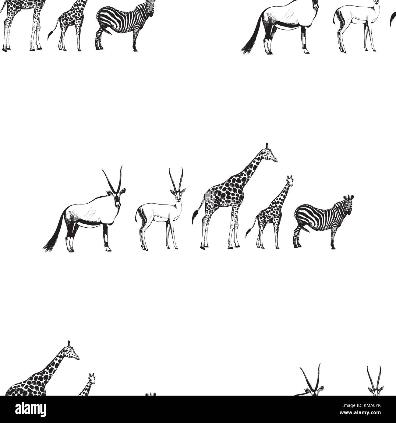 Seamless pattern of hand drawn sketch style oryx, gazelle, giraffe and ...