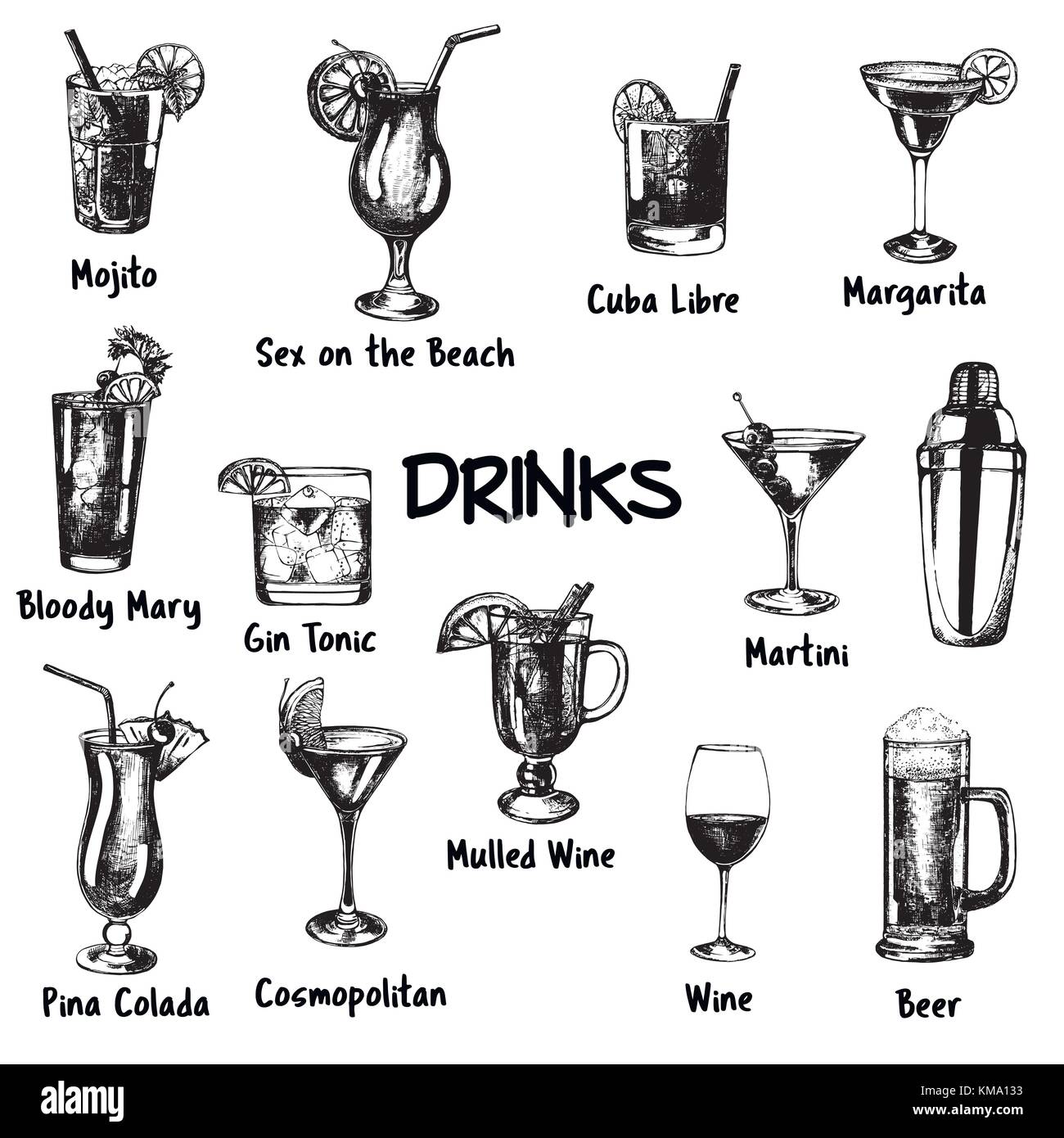 Set of hand drawn sketch style alcoholic drinks. Vector illustration ...