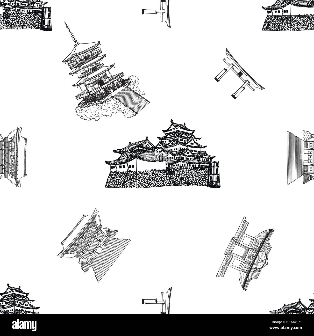 Seamless pattern of hand drawn sketch style Japanese castle, temples ...