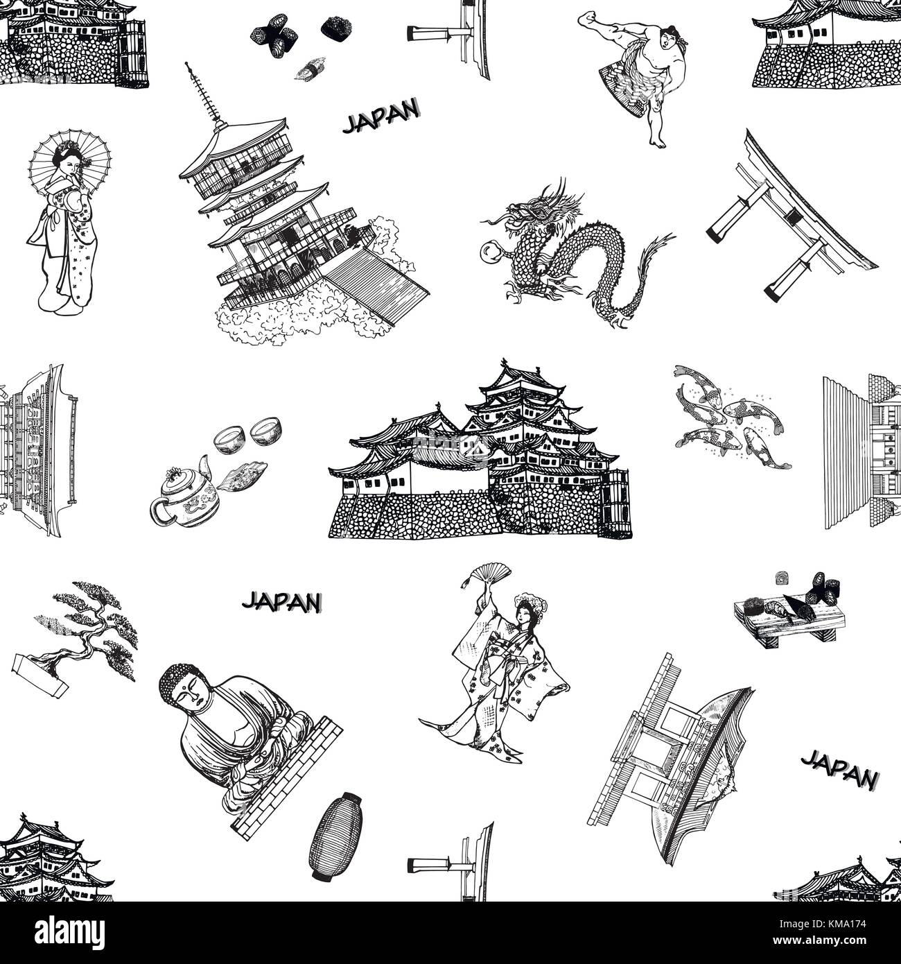 Seamless pattern of sketch style Japanese themed objects. Vector ...