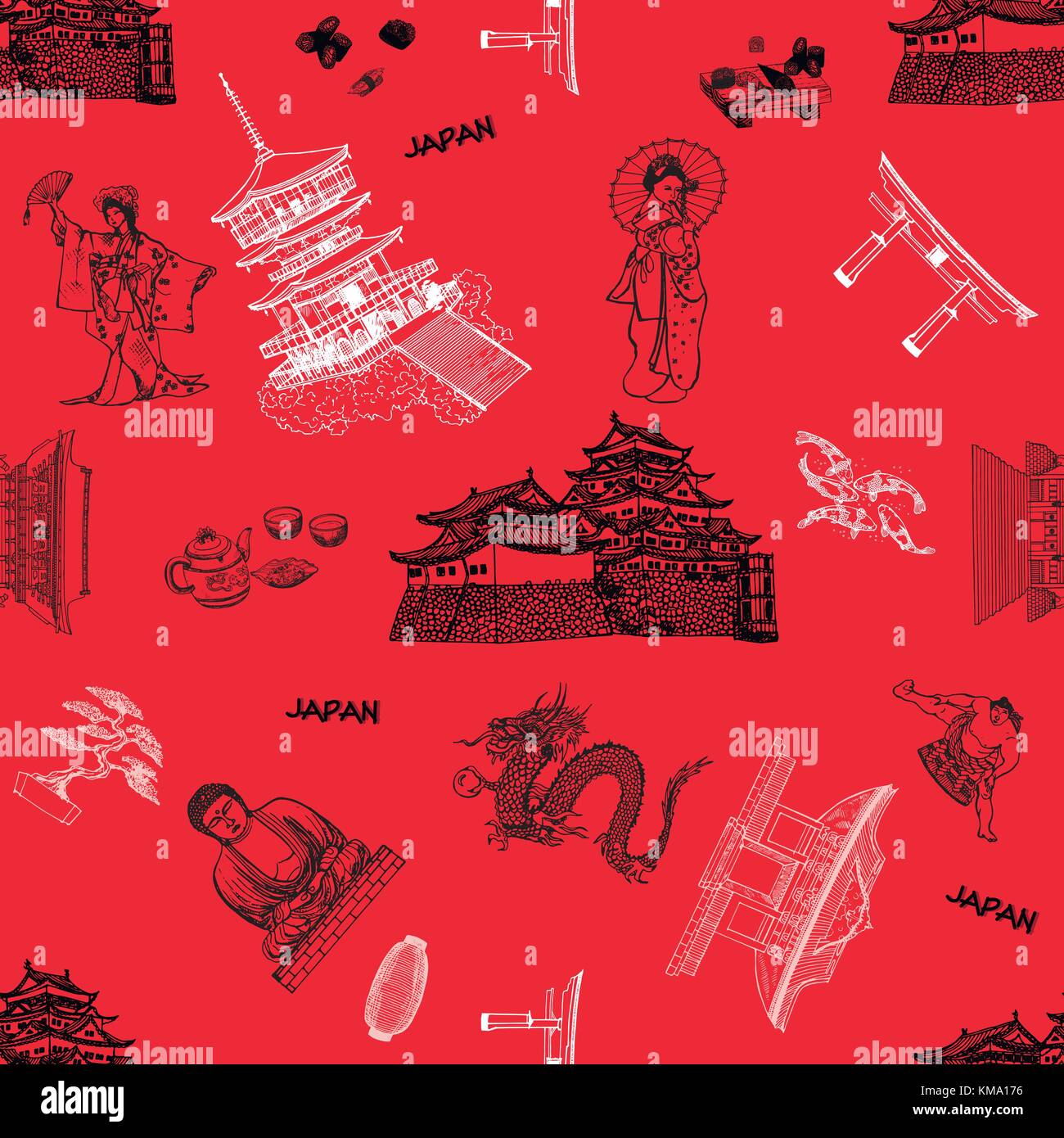 Seamless pattern of sketch style Japanese themed objects. Vector ...