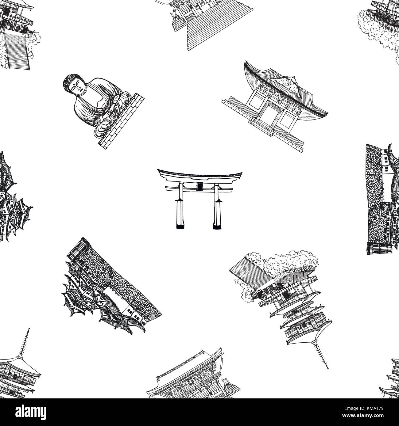 Seamless pattern of sketch style Japanese themed objects. Vector ...