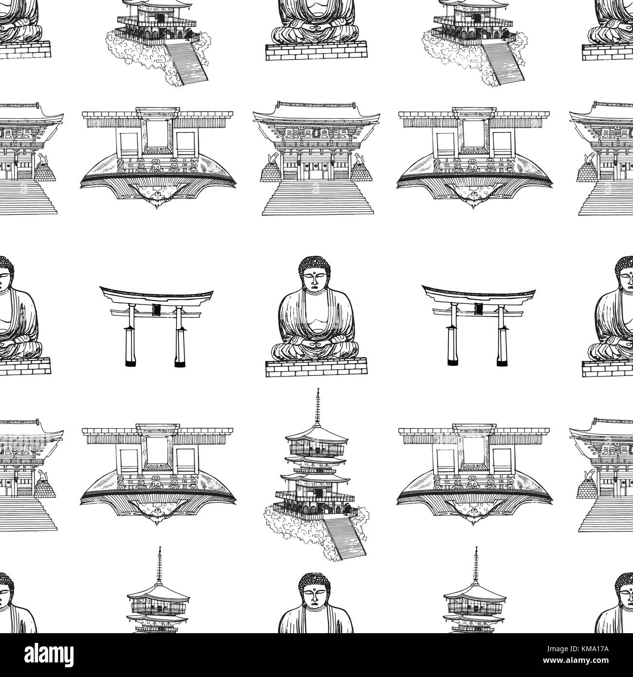Seamless pattern of sketch style Japanese themed objects. Vector ...